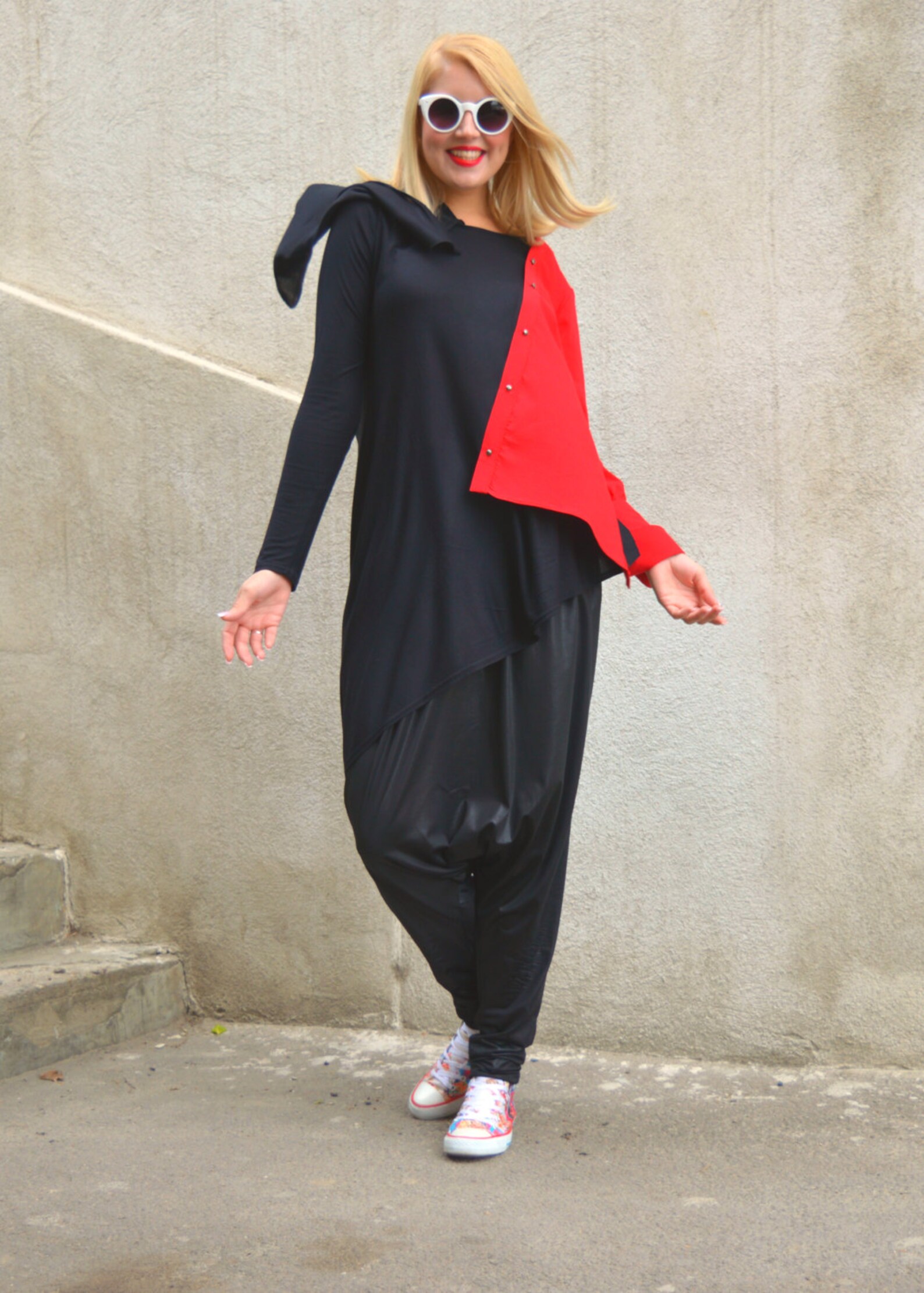 Black and Red Cotton Blouse / Black and Red Asymmetrical Shirt - Etsy