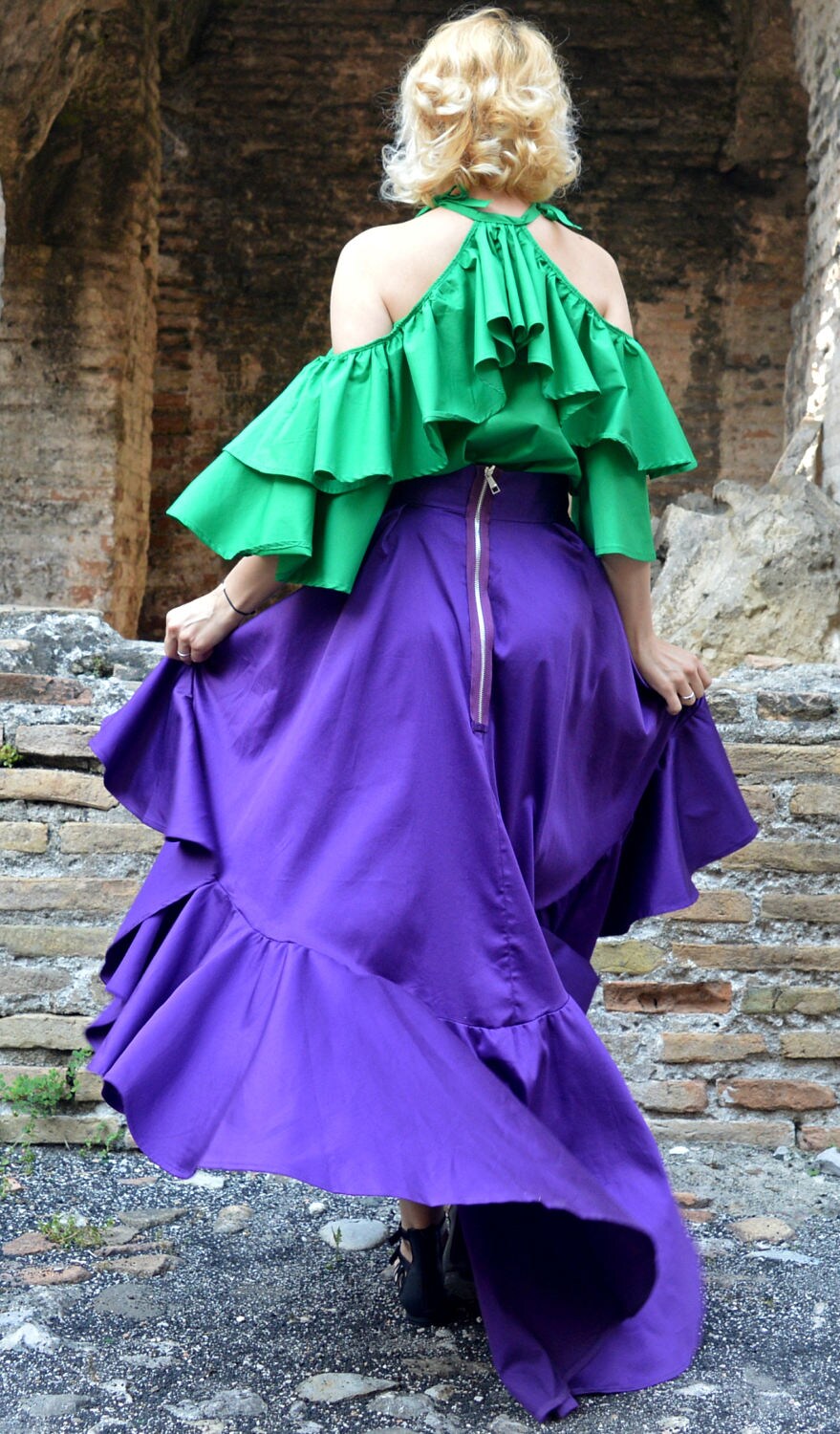 Purple Ruffled Skirt Purple Cotton Skirt High Waist Skirt | Etsy