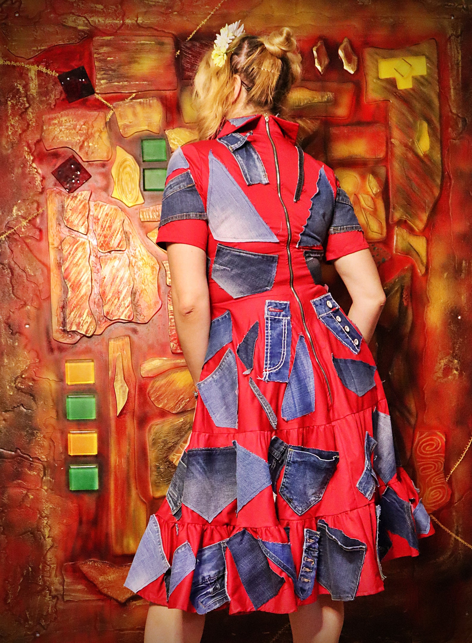 Cotton Dress With Denim Patches Pin up Patchwork Dress TDK410 - Etsy