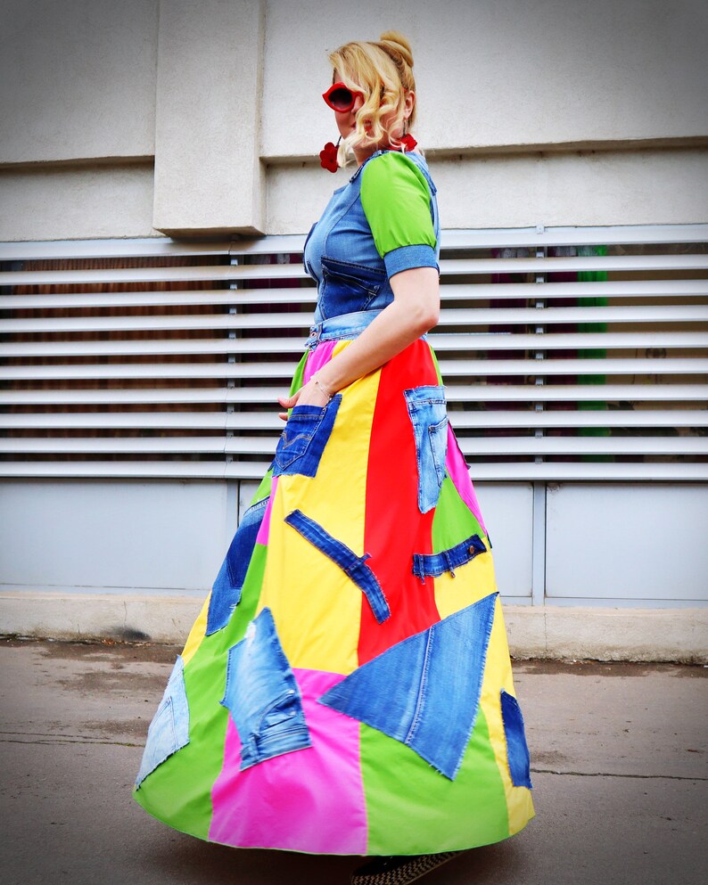 Multi Fabrics Summer Dress Maxi Patchwork Denim Dress Color - Etsy