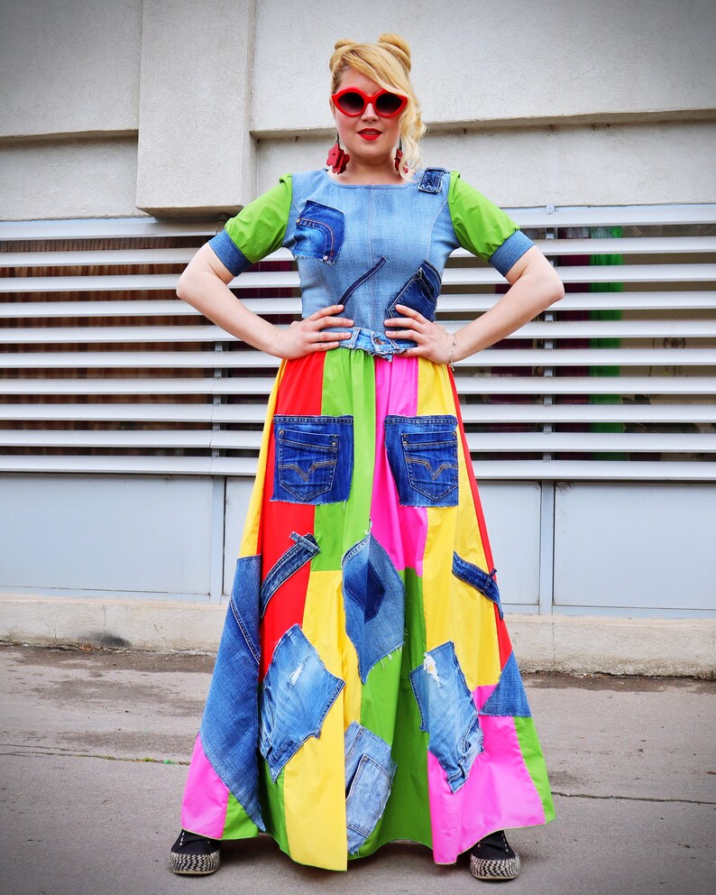 Multi Fabrics Summer Dress Maxi Patchwork Denim Dress Color - Etsy