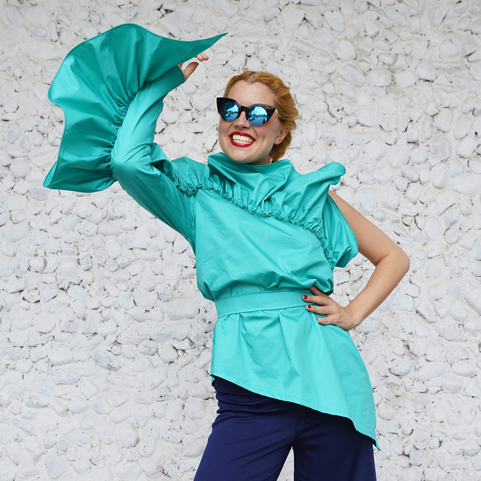 Women Party Cocktail Blouse Cropped Ruffle Cotton Top One Shoulder ...