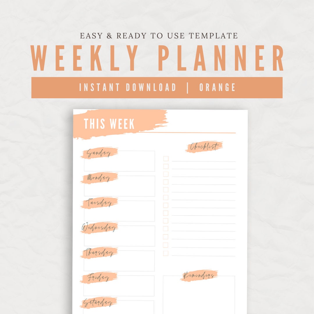 Simple Weekly Planner Orange Weekly Planner Minimalist Weekly - Etsy