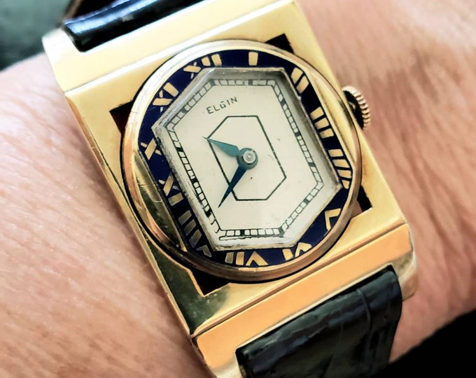 Art Deco Elgin Watch | 14k Solid Gold Elgin Enamel Wristwatch | Mens ...