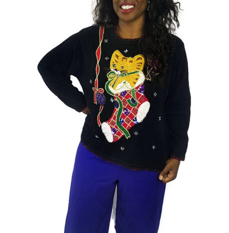 Ugly Tacky Cat Tastic Christmas Sweater Plus Sixe XXL Sequins - Etsy