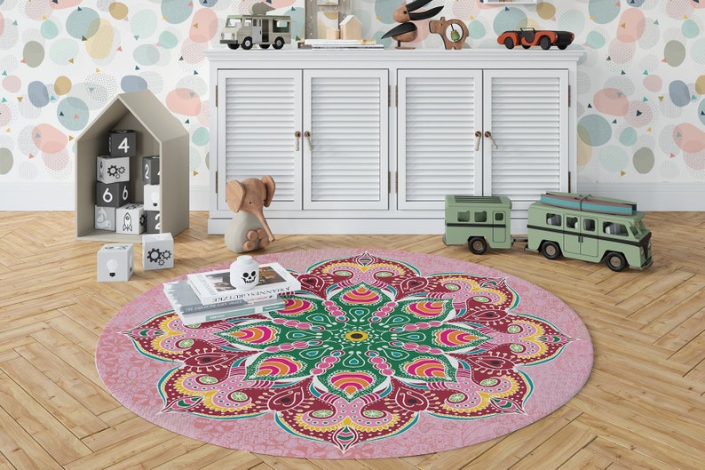 Ethnic Round Anti Slip Mandala Rug Pink Vinyl Area Rug Girls - Etsy