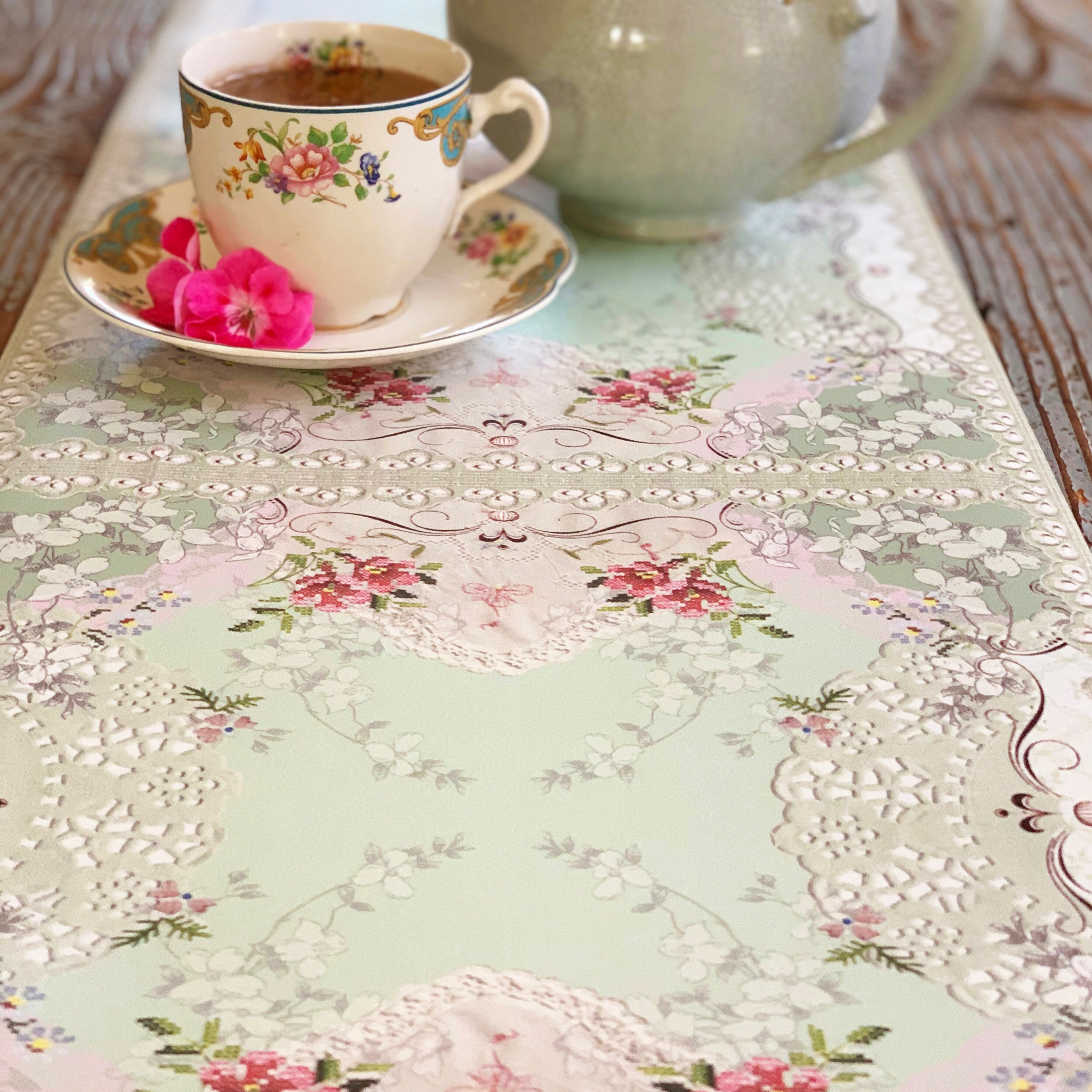 Vintage Chic Roses Table Runner Mint Green Rustic Table | Etsy