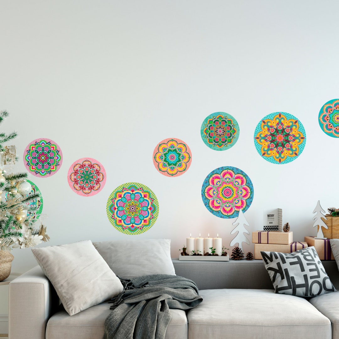 Mandala Wall Decals, Set of 9 Different Colorful Mandala, Flowers ...