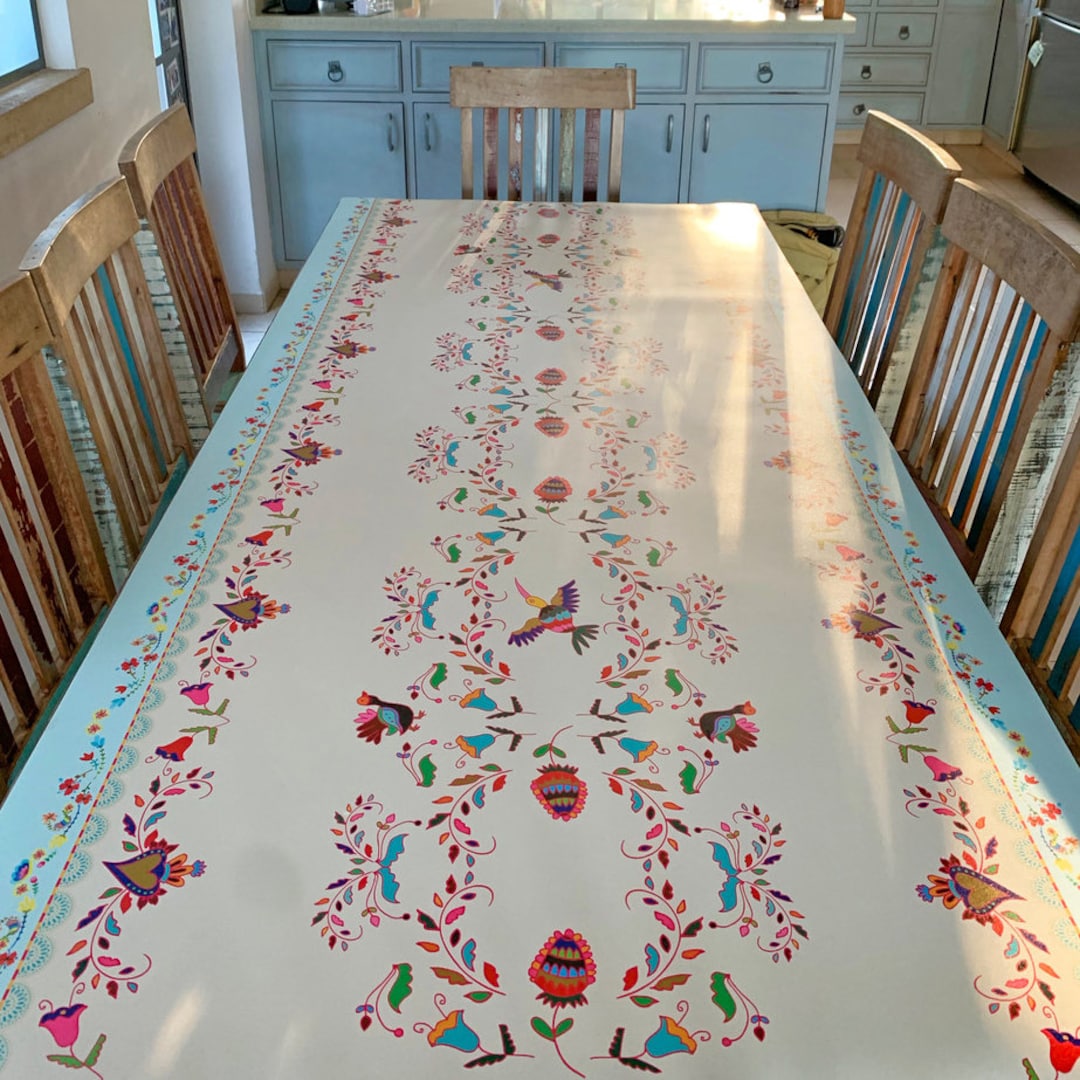 Rectangular Mexicana PVC Table Cover, Light Blue&cream Table Cover ...