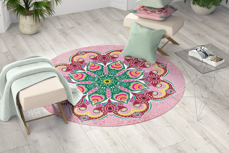 Ethnic Round Anti Slip Mandala Rug Pink Vinyl Area Rug Girls - Etsy