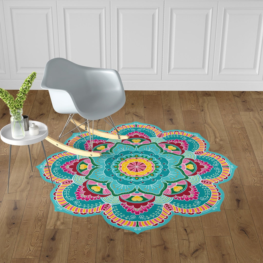 Mandala Area Vinyl Mat, Vinyl Round Mat, Colorful Linoleum Rug ...