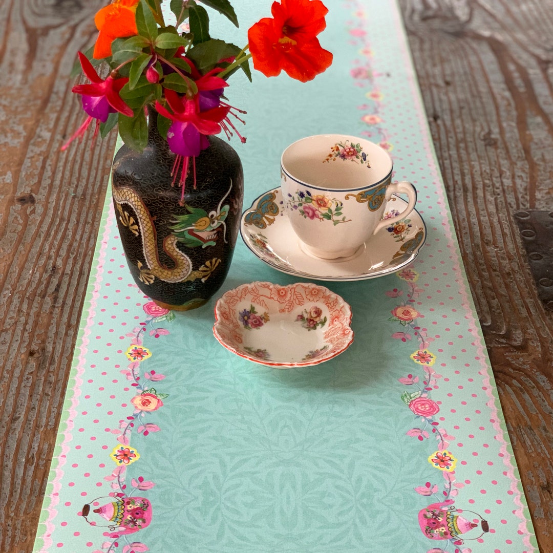 Printed Vinyl Table Runner, Turquoise Floral Table Runner, Christmas ...
