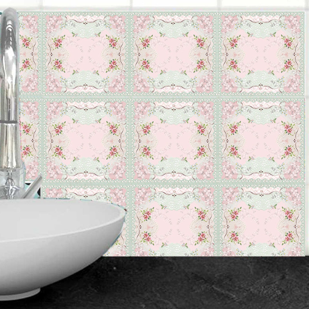 Set of 14 Pink Vintage Style Tiles Stickers, DIY Kitchen Backsplash ...