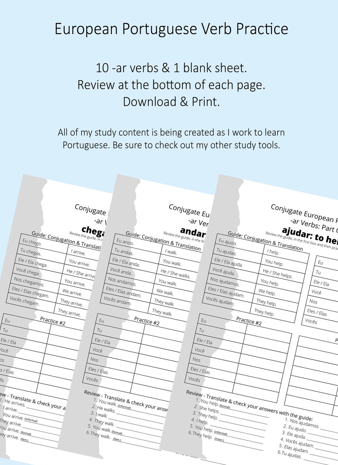 European Portuguese Verb Practice ar set 1 - Etsy