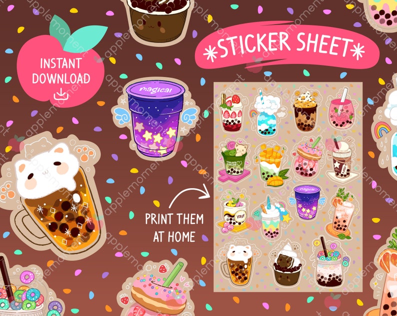 Cute Kawaii Sticker Sheet Green Brown Boba Tea Drinks - Etsy