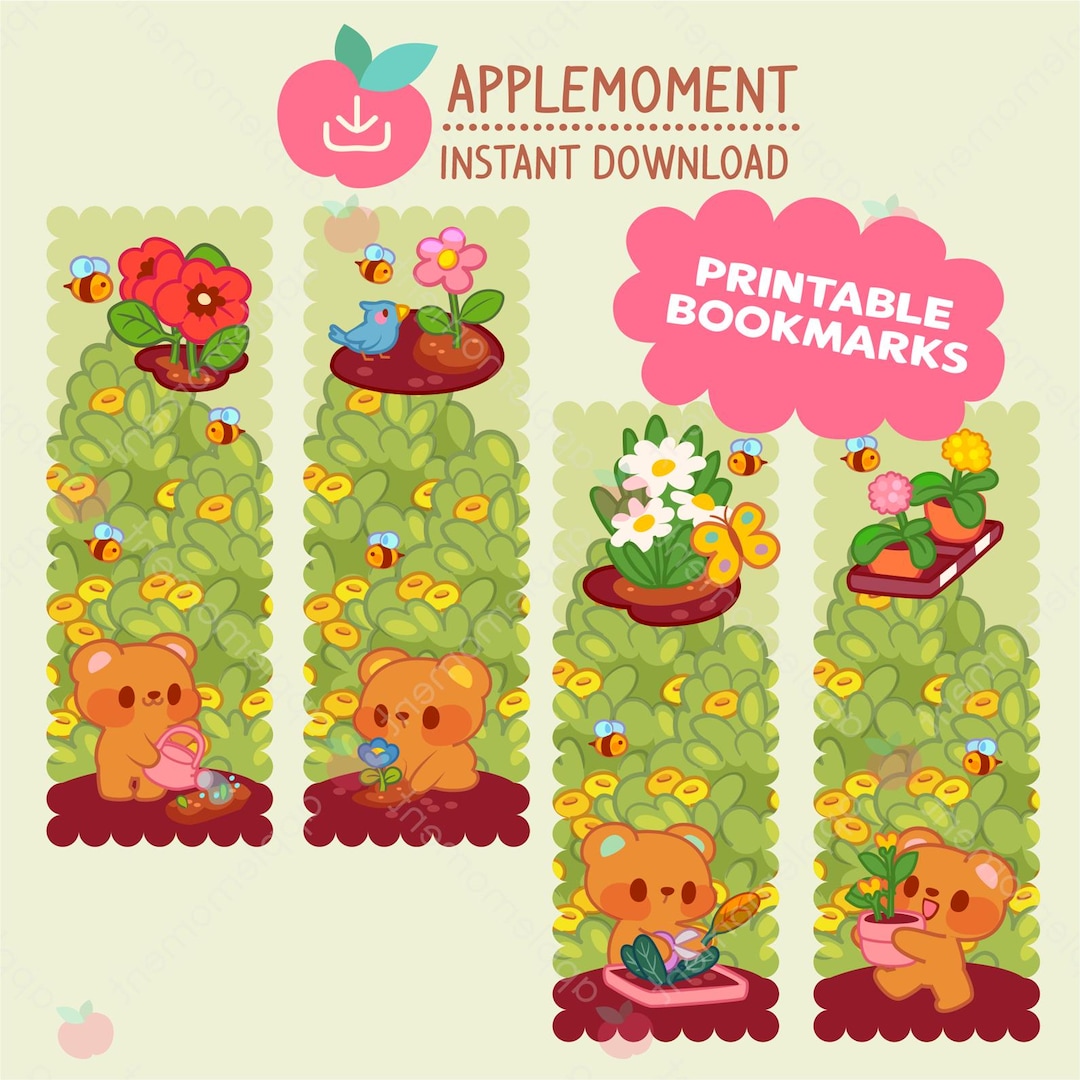 Cute Kawaii Printable Digital Bookmarks Gardening Bear, PNG, Commercial ...