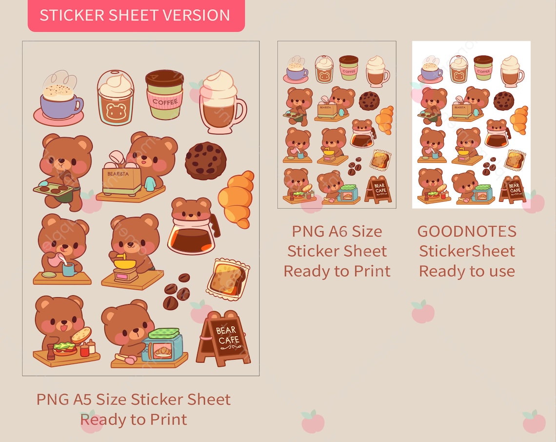 Cute Kawaii Printable Digital Stickers Clipart Animal Cafe Coffee Brown ...