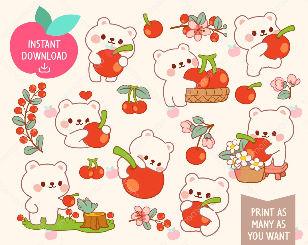 Cute Kawaii Printable Digital Stickers Clipart Pink Sakura Cherry ...