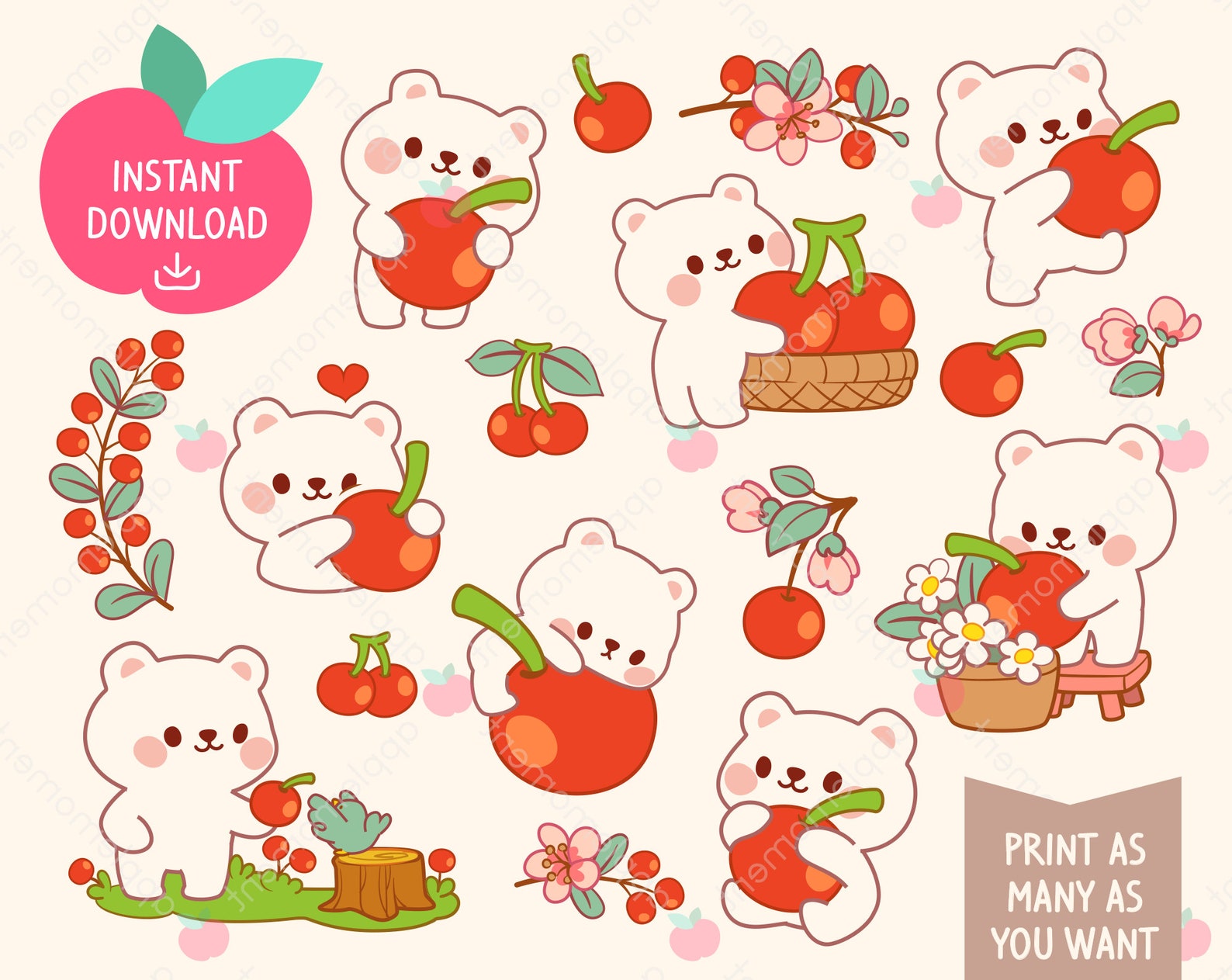 Cute Kawaii Printable Digital Stickers Clipart Pink Sakura Cherry ...