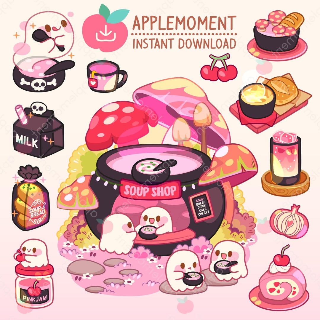 Kawaii Ghost Soup Shop Clipart Stickers, Commercial PNG (digital ...