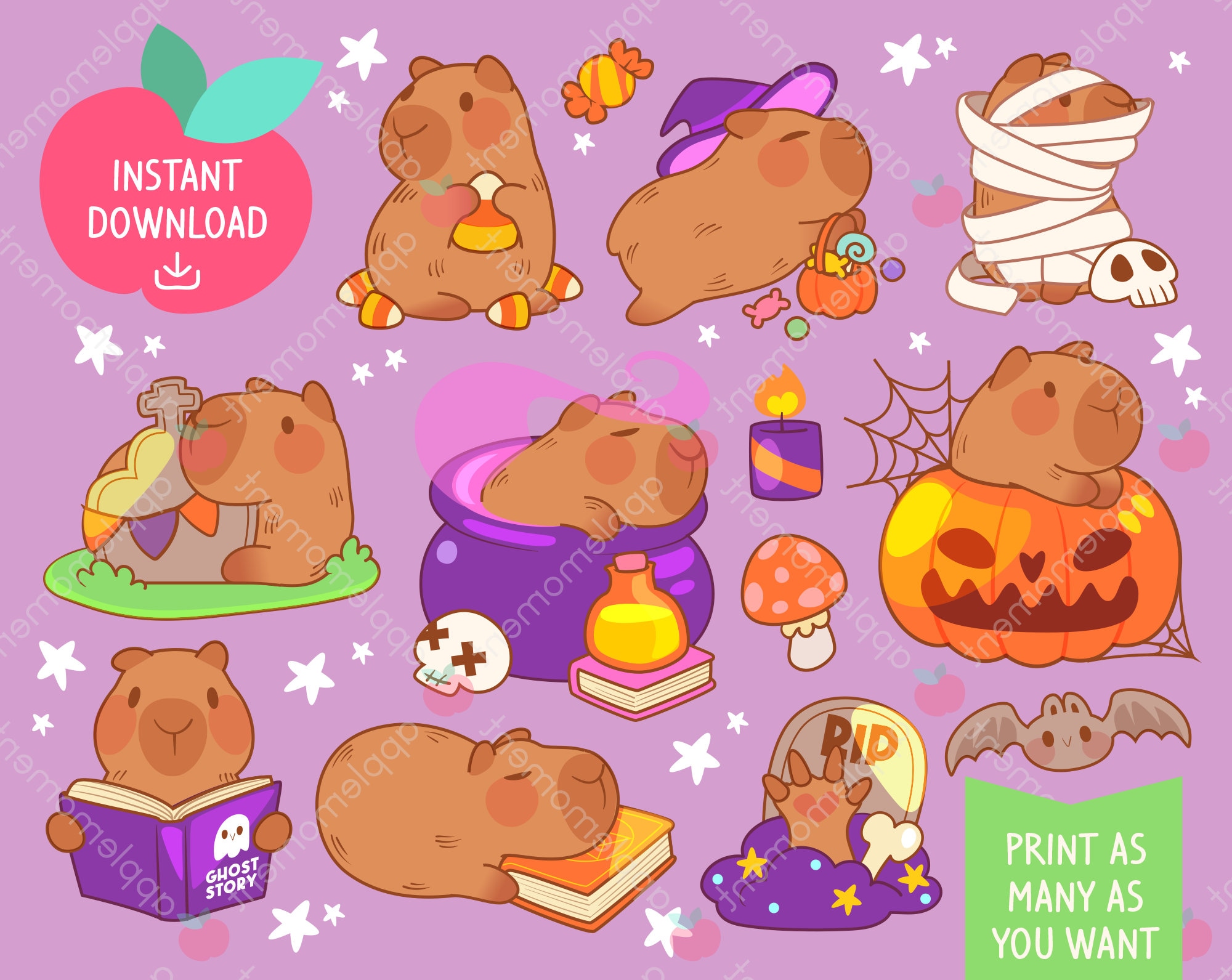 Cute Kawaii Printable Digital Stickers Clipart Giant Cavy Rodent ...
