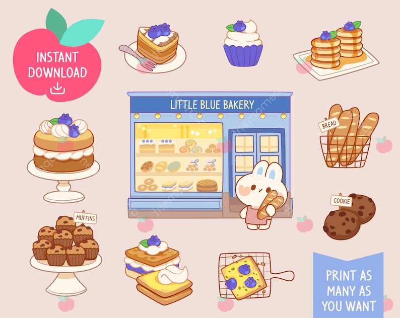 Cute Kawaii Printable Digital Stickers Clipart Little Blue Bakery Bunny ...