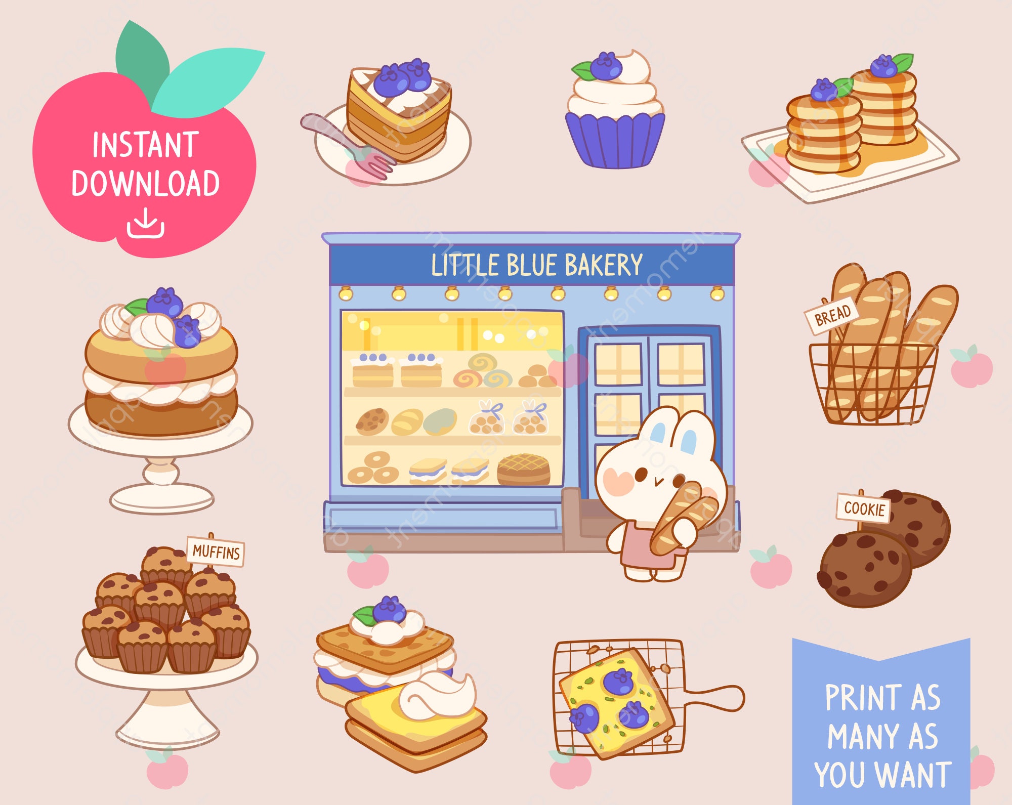 Cute Kawaii Printable Digital Stickers Clipart Little Blue Bakery Bunny ...