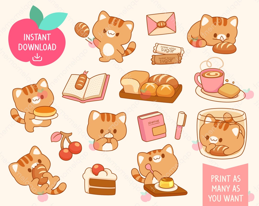 Cute Kawaii Printable Digital Stickers Clipart Brown Orange Pink Kitty ...