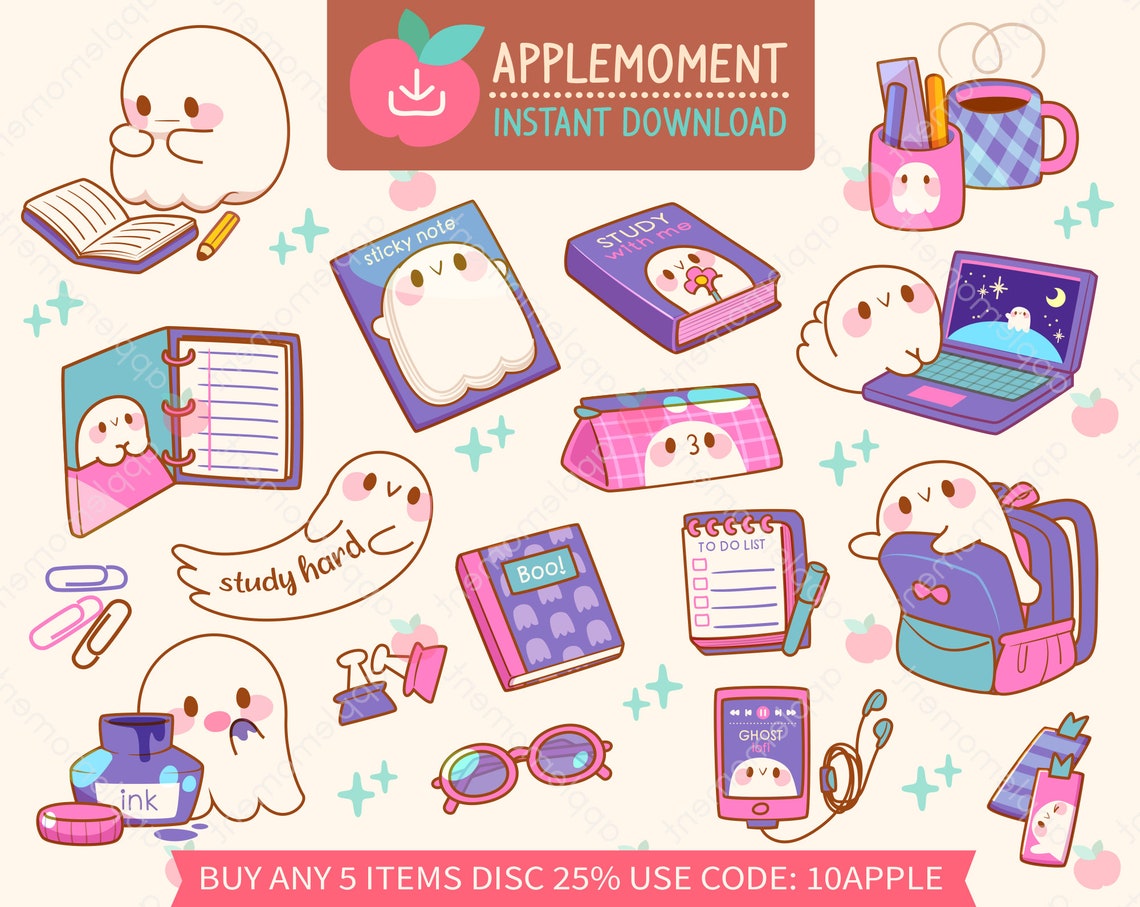Cute Kawaii Printable Digital Stickers Clipart Study Ghost, Halloween ...