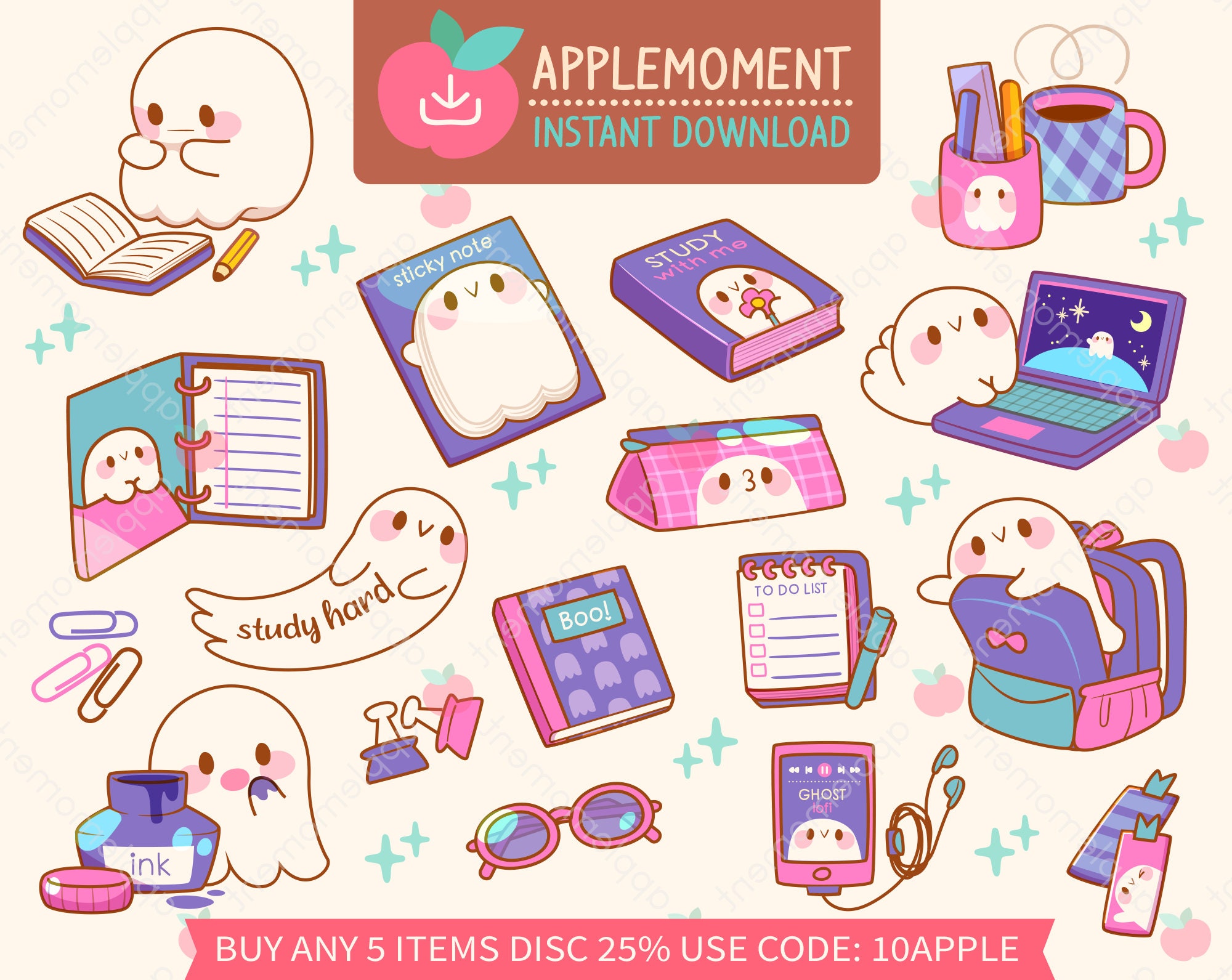 Cute Kawaii Printable Digital Stickers Clipart Study Ghost, Halloween ...