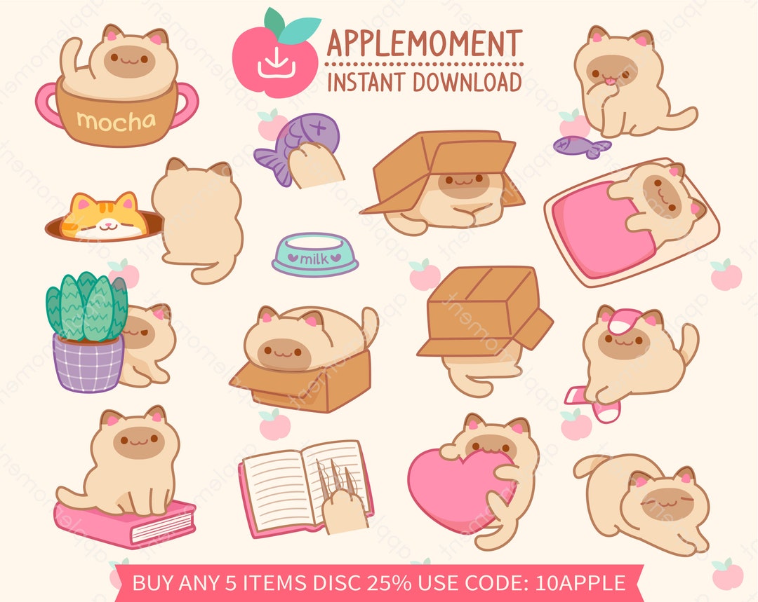 Cute Kawaii Printable Digital Stickers Clipart Siamese Kitty Cat ...