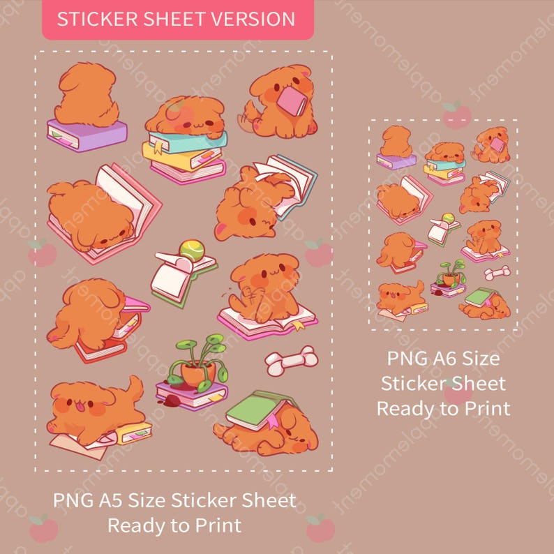 Cute Kawaii Printable Digital Stickers Clipart Puppy Dog and Books, PNG ...