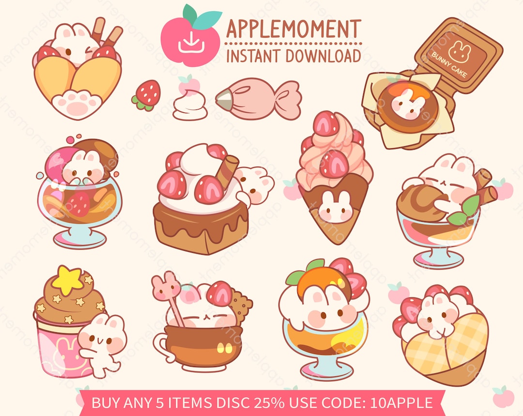 Kawaii Bunny Dessert Clipart Stickers: Strawberry Chocolate (PNG ...
