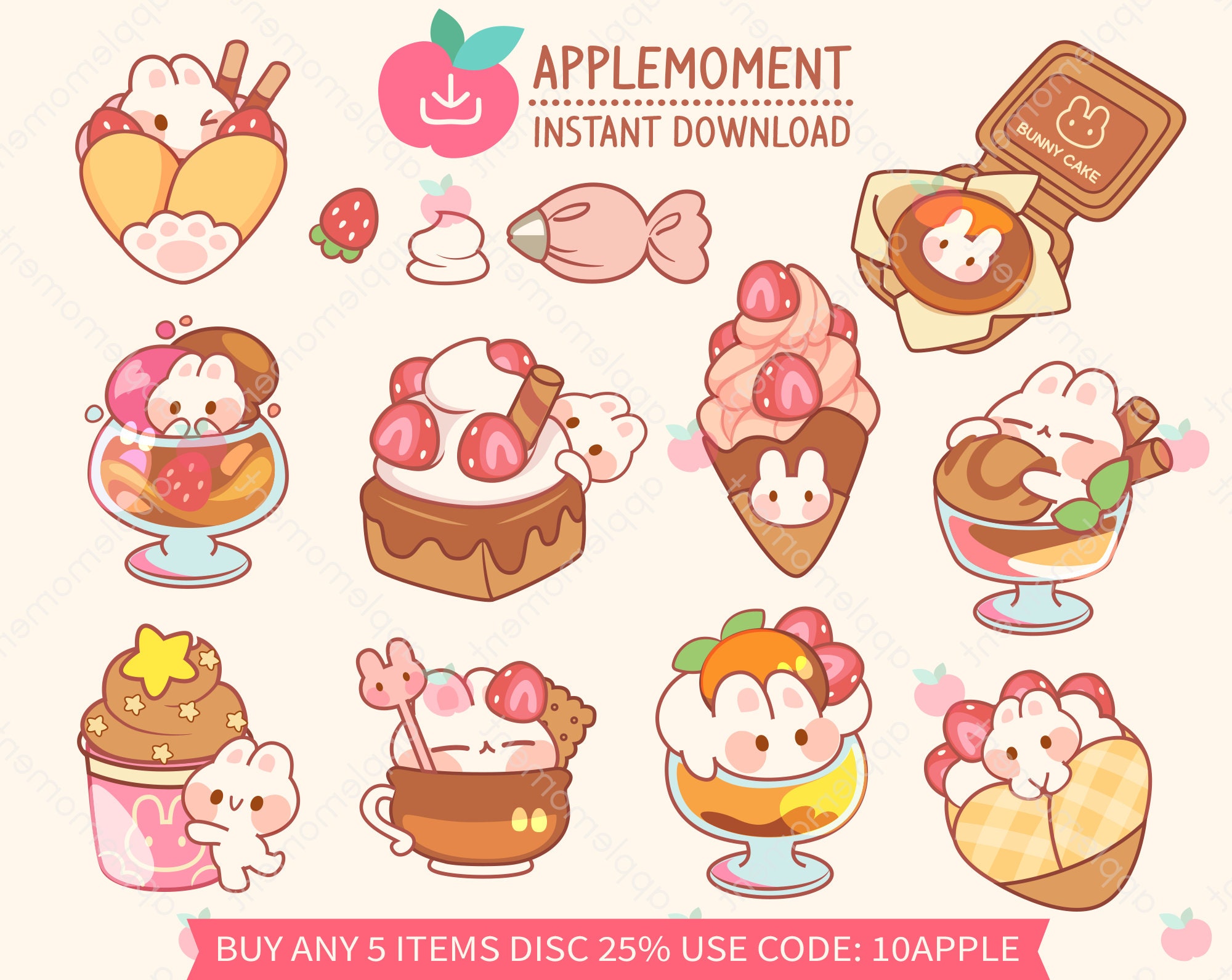 Kawaii Bunny Dessert Clipart Stickers: Strawberry Chocolate (PNG ...