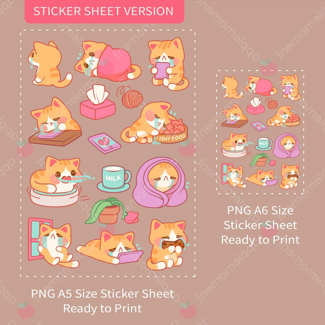 Sad Cat Clipart Stickers, Kawaii Crying Kitten PNG (digital Download ...