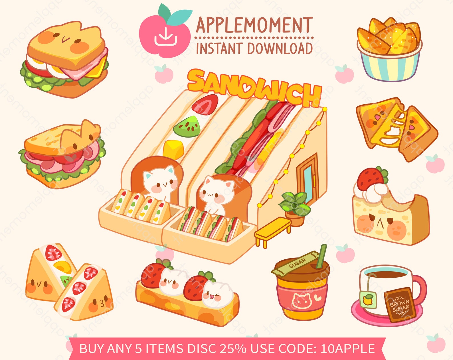 Kawaii Kitty Cat Sandwich Shop Clipart Stickers (PNG, Goodnotes) - Etsy