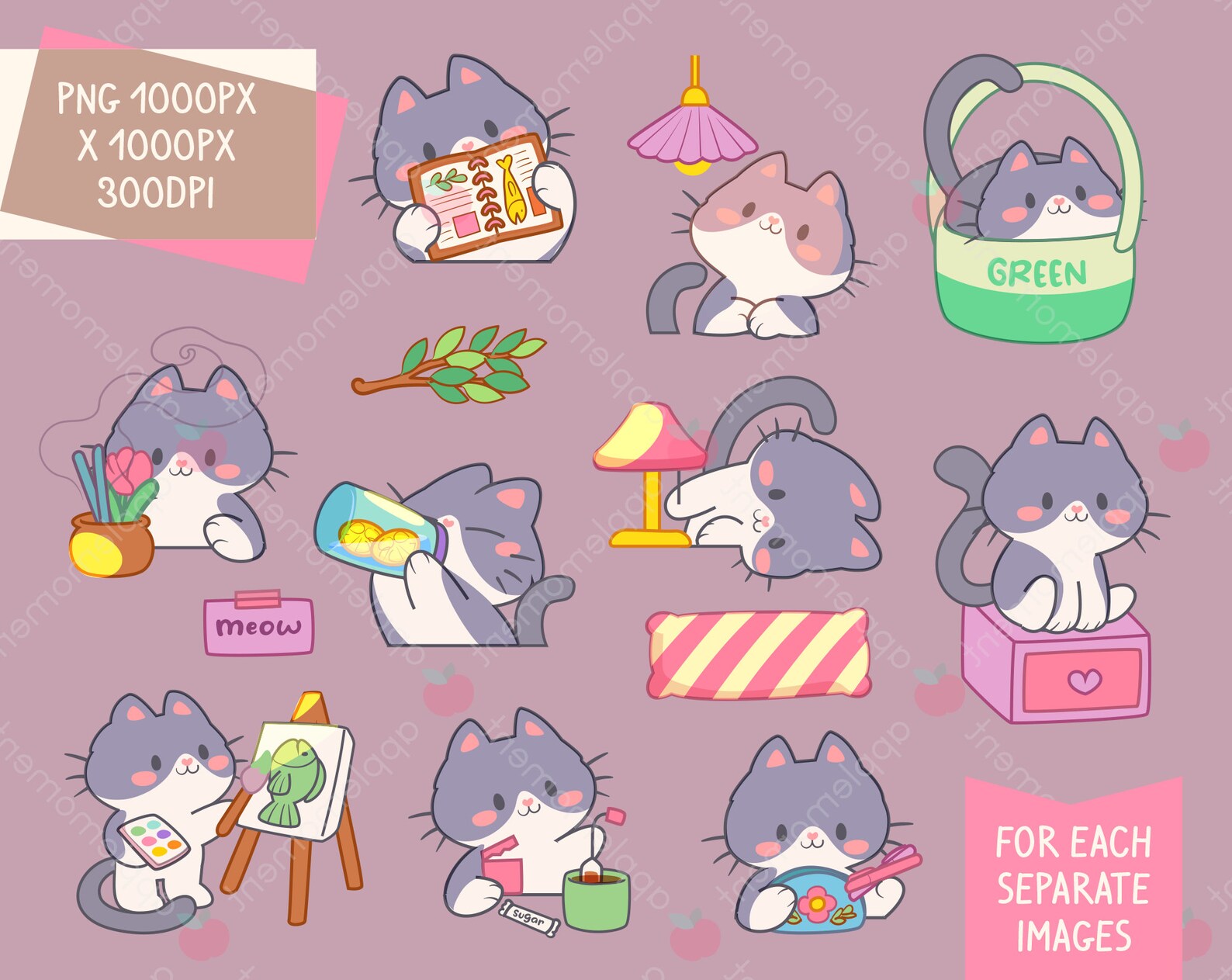 Cute Kawaii Printable Digital Stickers Clipart Blue Cat Daily ...