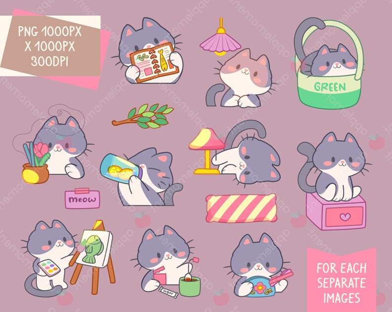 Cute Kawaii Printable Digital Stickers Clipart Blue Cat Daily ...