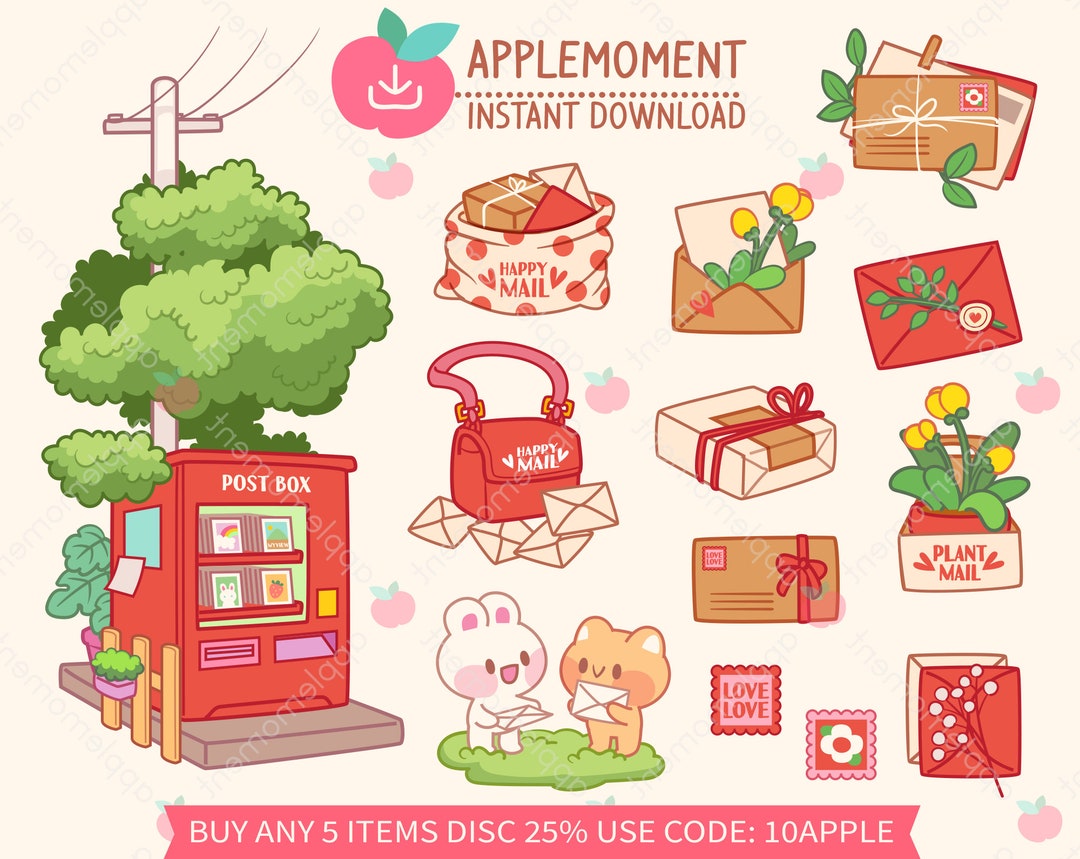 Kawaii Post Box Clipart Stickers: Bunny, Kitty, Happy Mail (PNG Digital ...