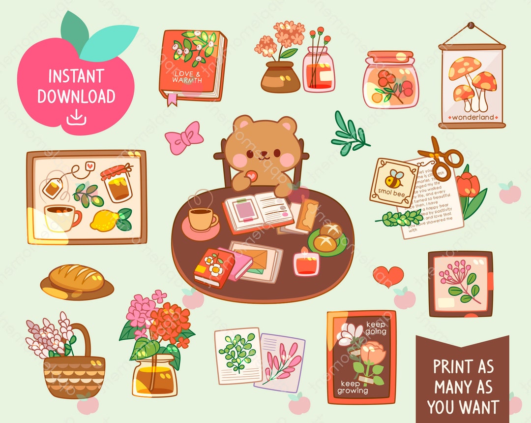 Cute Kawaii Printable Digital Stickers Clipart Rainbow Brown Bear ...