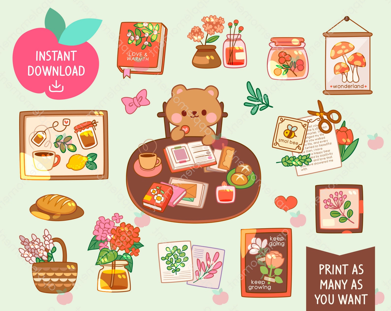 Cute Kawaii Printable Digital Stickers Clipart Rainbow Brown Bear ...