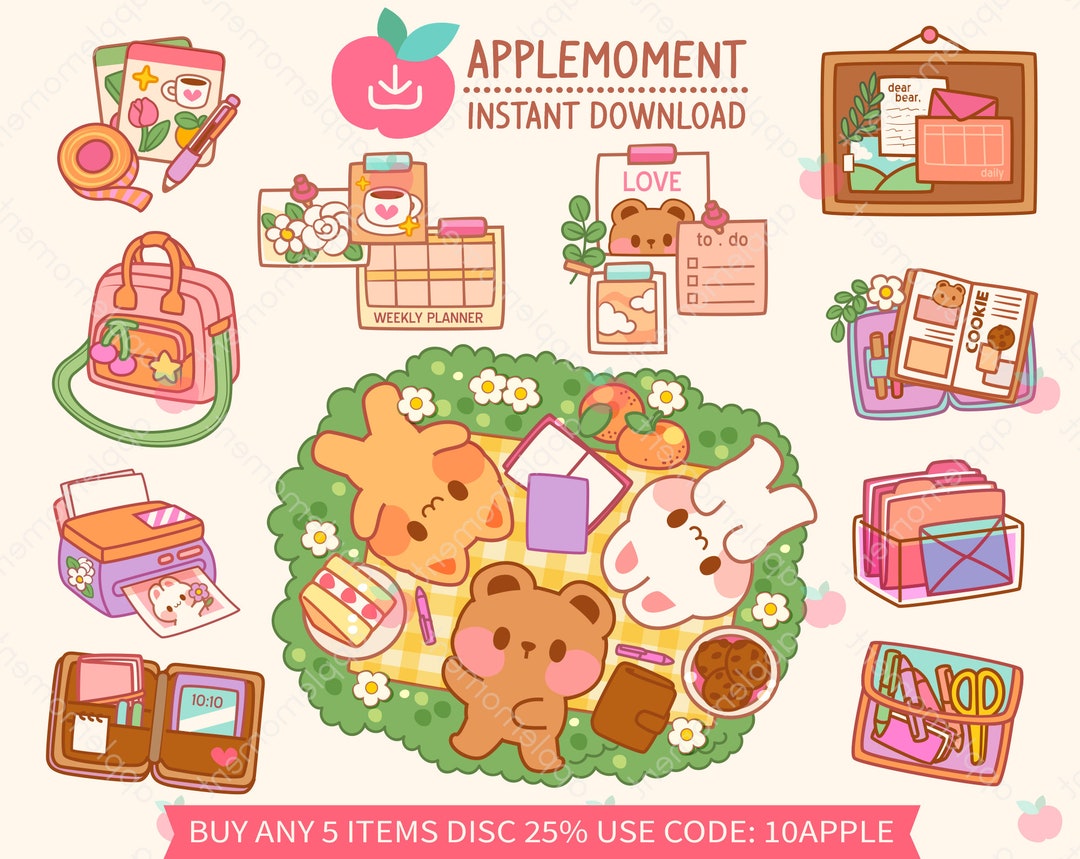 Cute Kawaii Printable Digital Stickers Clipart Illustration Animals ...