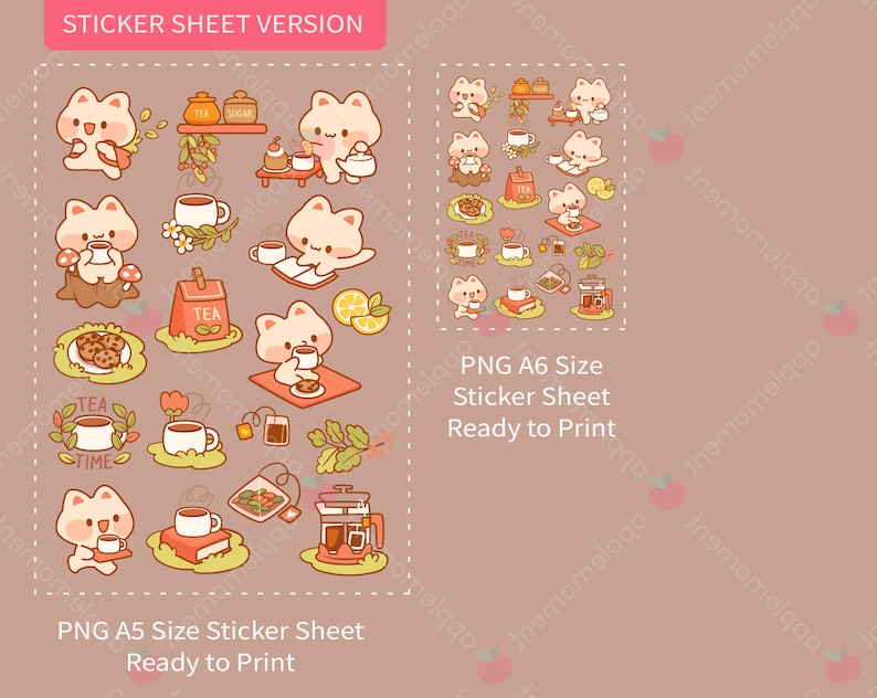 Cute Kawaii Printable Digital Stickers Clipart Kitty Cat Picnic Tea