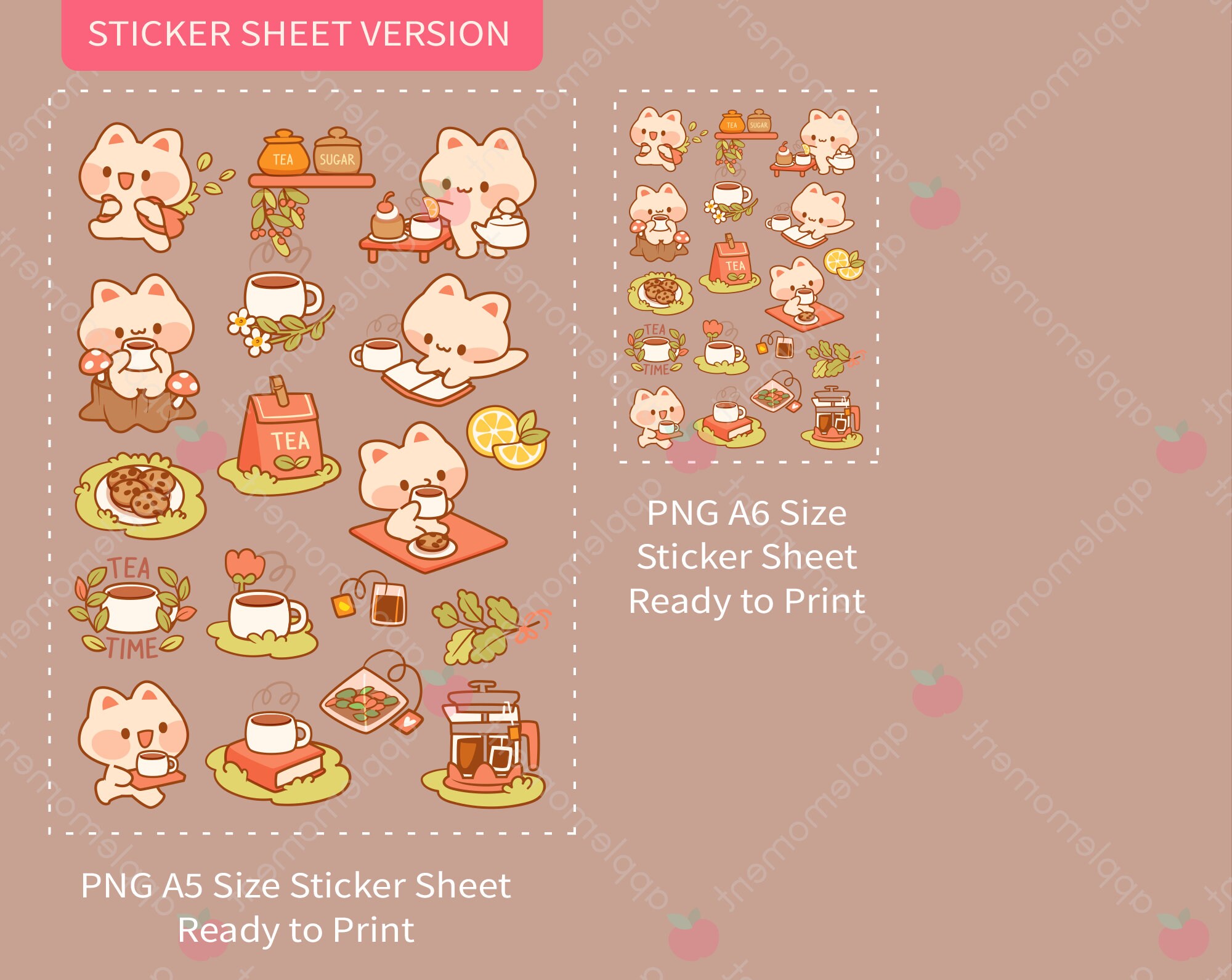 Cute Kawaii Printable Digital Stickers Clipart Kitty Cat Picnic Tea ...