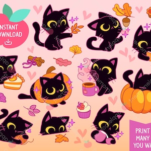 Kawaii Fall Black Kitty Cat Stickers: Autumn Planner Clipart (PNG ...