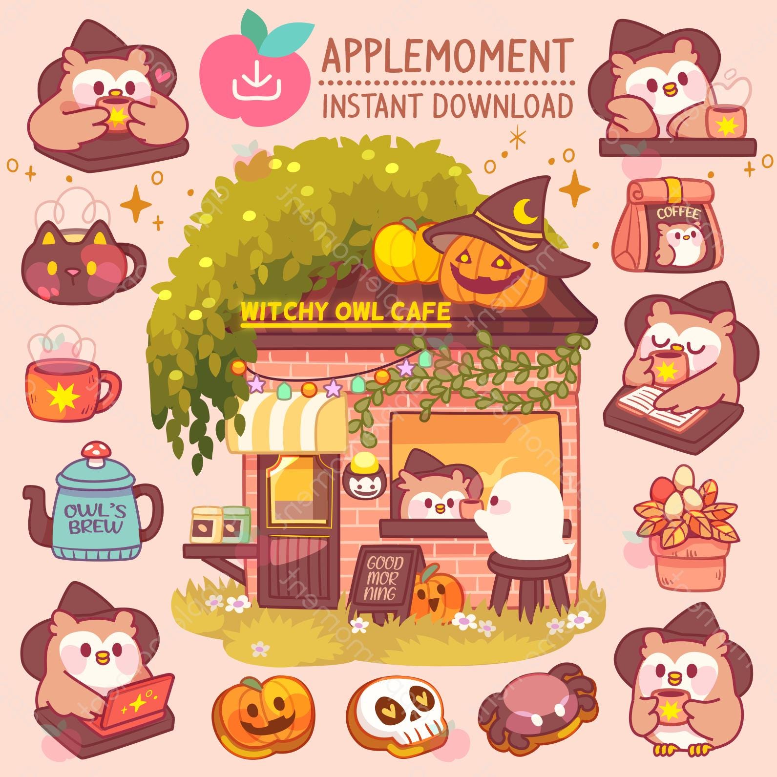 Witchy Owl Cafe Clipart Stickers, Kawaii PNG (digital Download) - Etsy