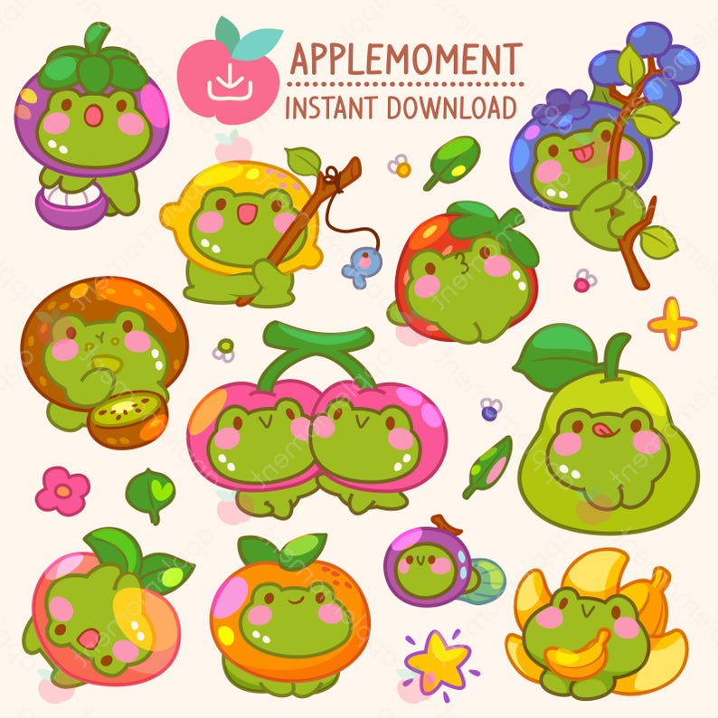 Cute Kawaii Printable Digital Stickers Clipart Animals Fruity Frogs ...