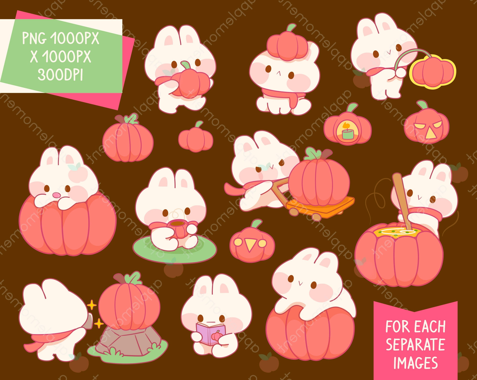 Cute Kawaii Printable Digital Stickers Clipart Bunny With Pink Pumpkin ...