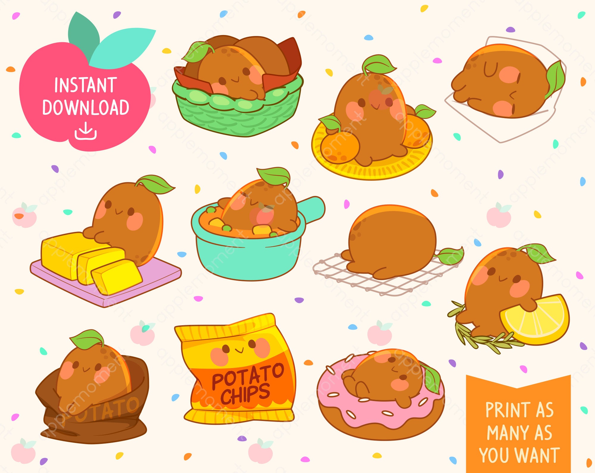 Cute Kawaii Printable Digital Stickers Clipart Rainbow Potato, Food and ...