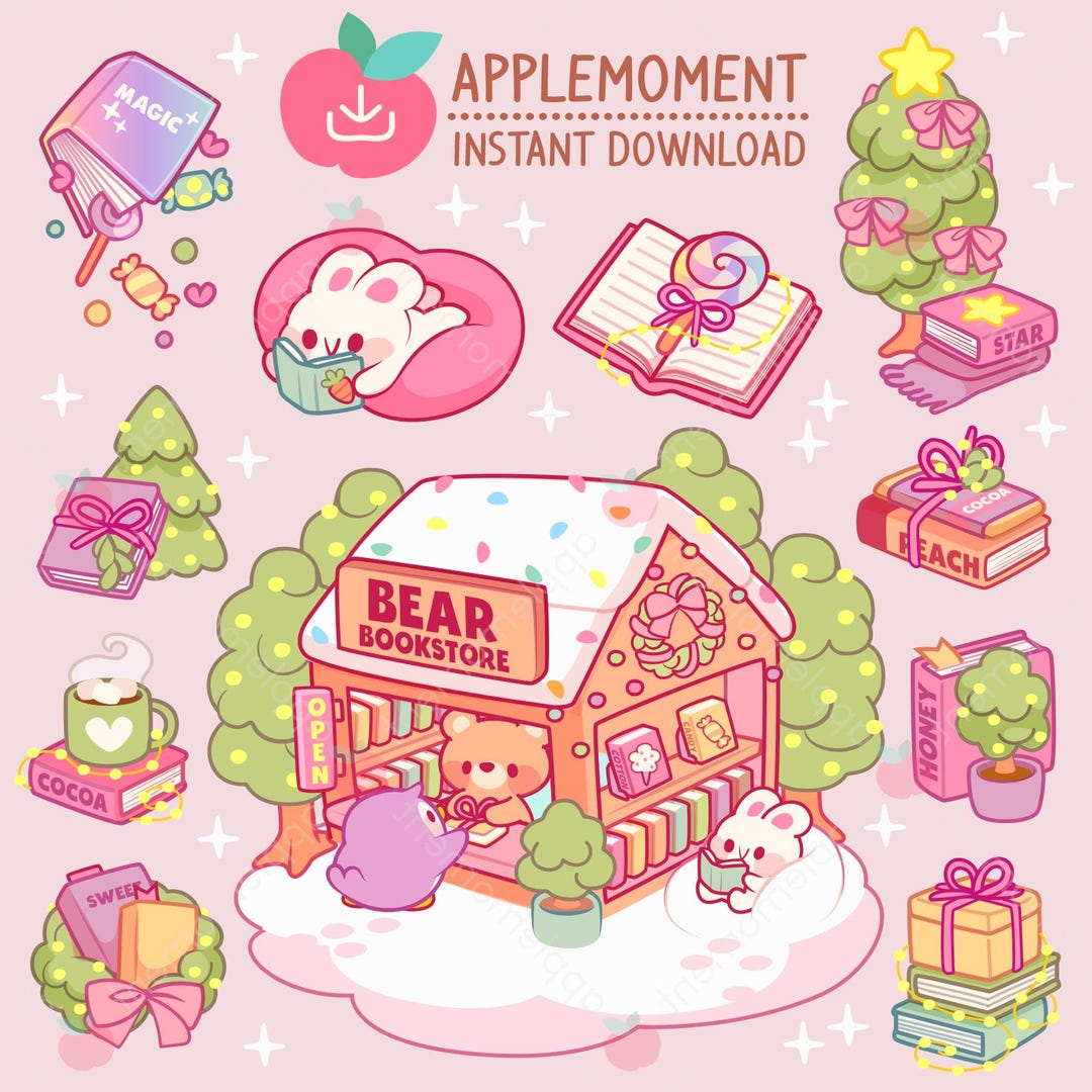 Kawaii Rainbow Bear Bookstore Clipart Stickers (PNG Digital Download ...